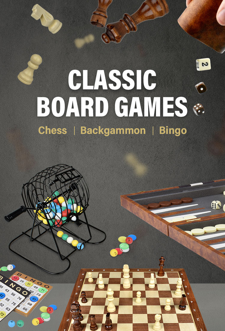 Queensell Board Games, Mexican Train Dominoes, Chess, Backgammon